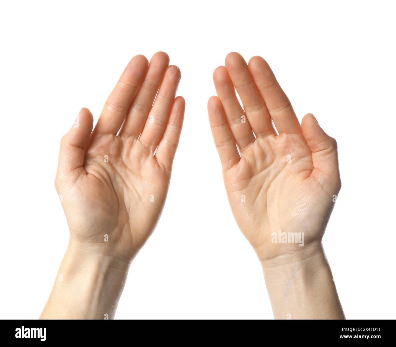 Religion. Woman with open palms praying on white background, closeup ...
