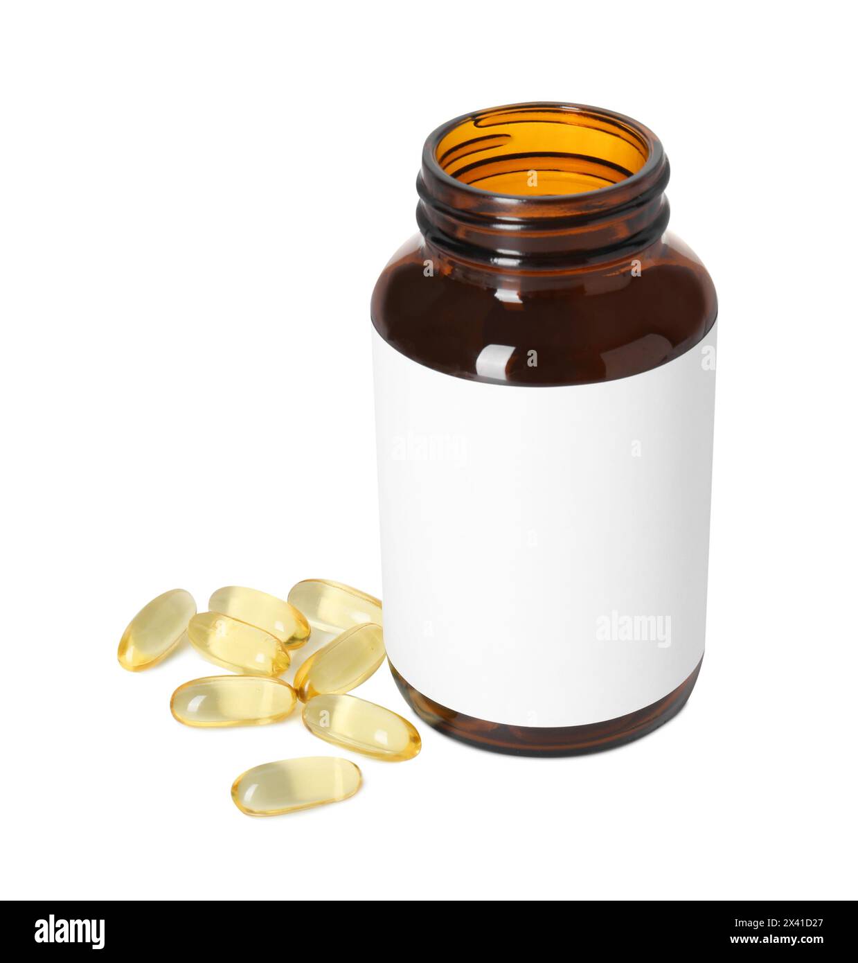 Bottle and pile of softgel capsules isolated on white Stock Photo - Alamy
