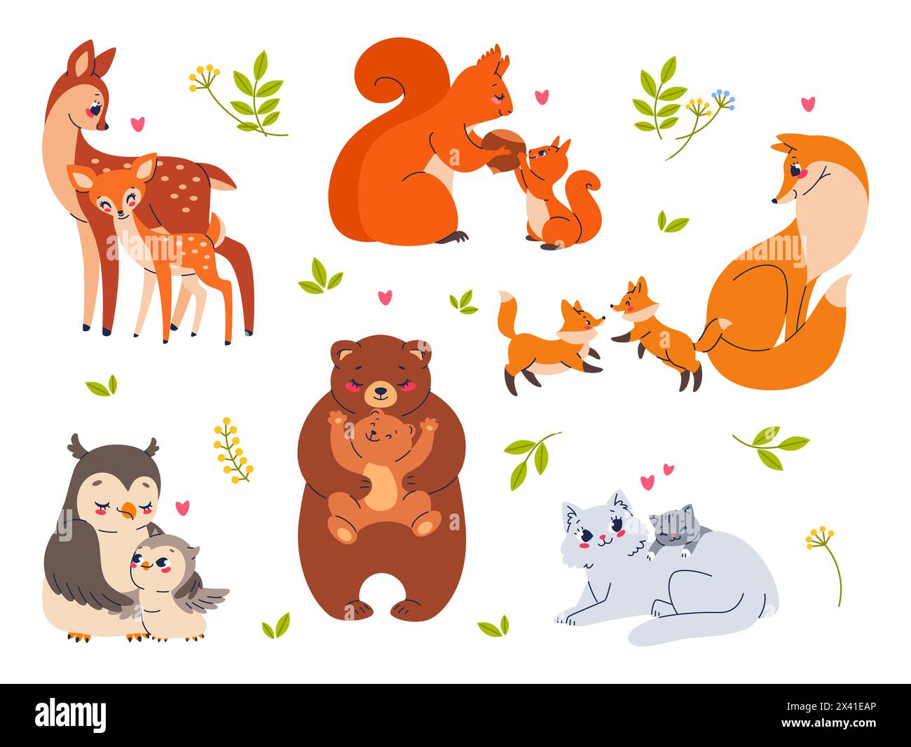 Happy parents and kids animals. Cute mothers with children, wildlife ...