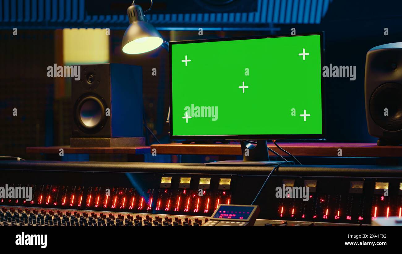 Empty professional recording studio control room with greenscreen on ...