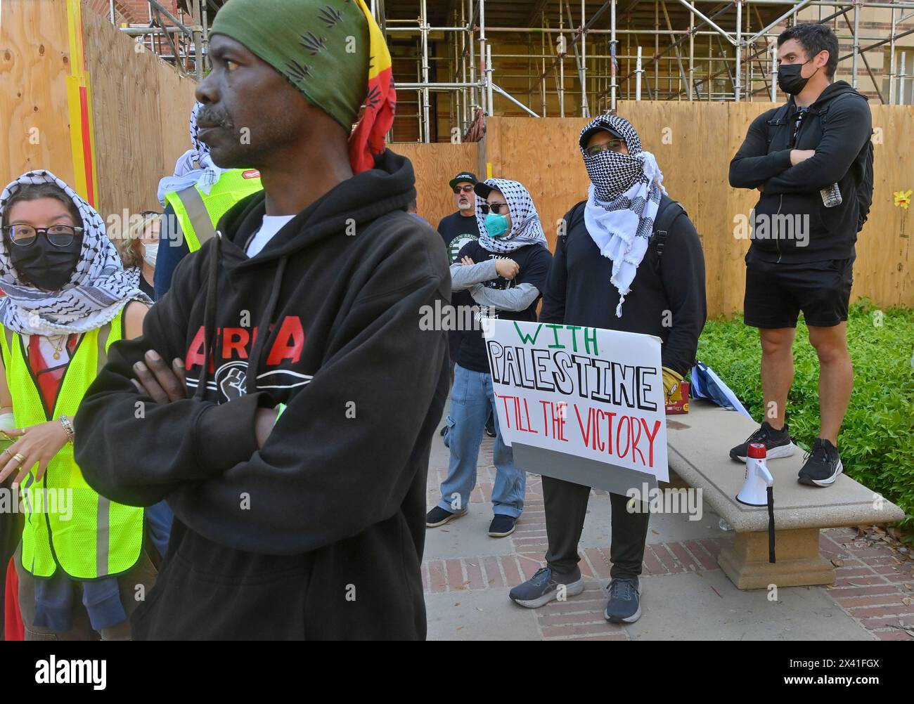 A pro-Palestinian encampment is seen cordoned off by stanchions on the ...