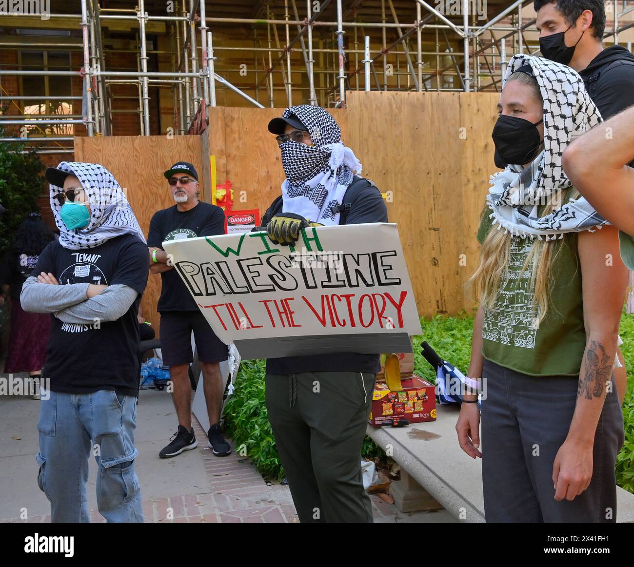 A pro-Palestinian encampment is seen cordoned off by stanchions on the ...