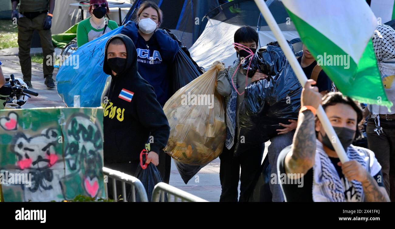 A pro-Palestinian encampment is seen cordoned off by stanchions on the ...