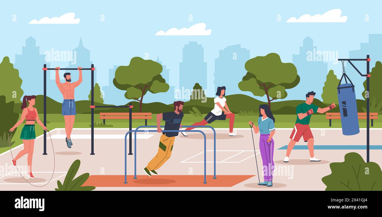 People on street workout. Athletes engaged fitness on outdoor sports ...