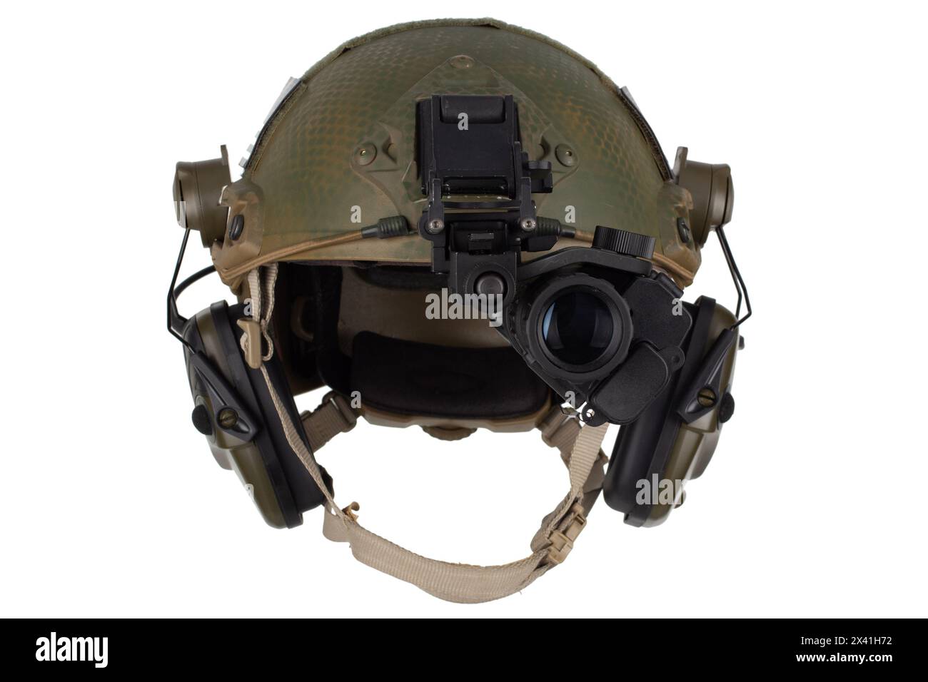 Night vision goggles on military helmet isolated on white background ...