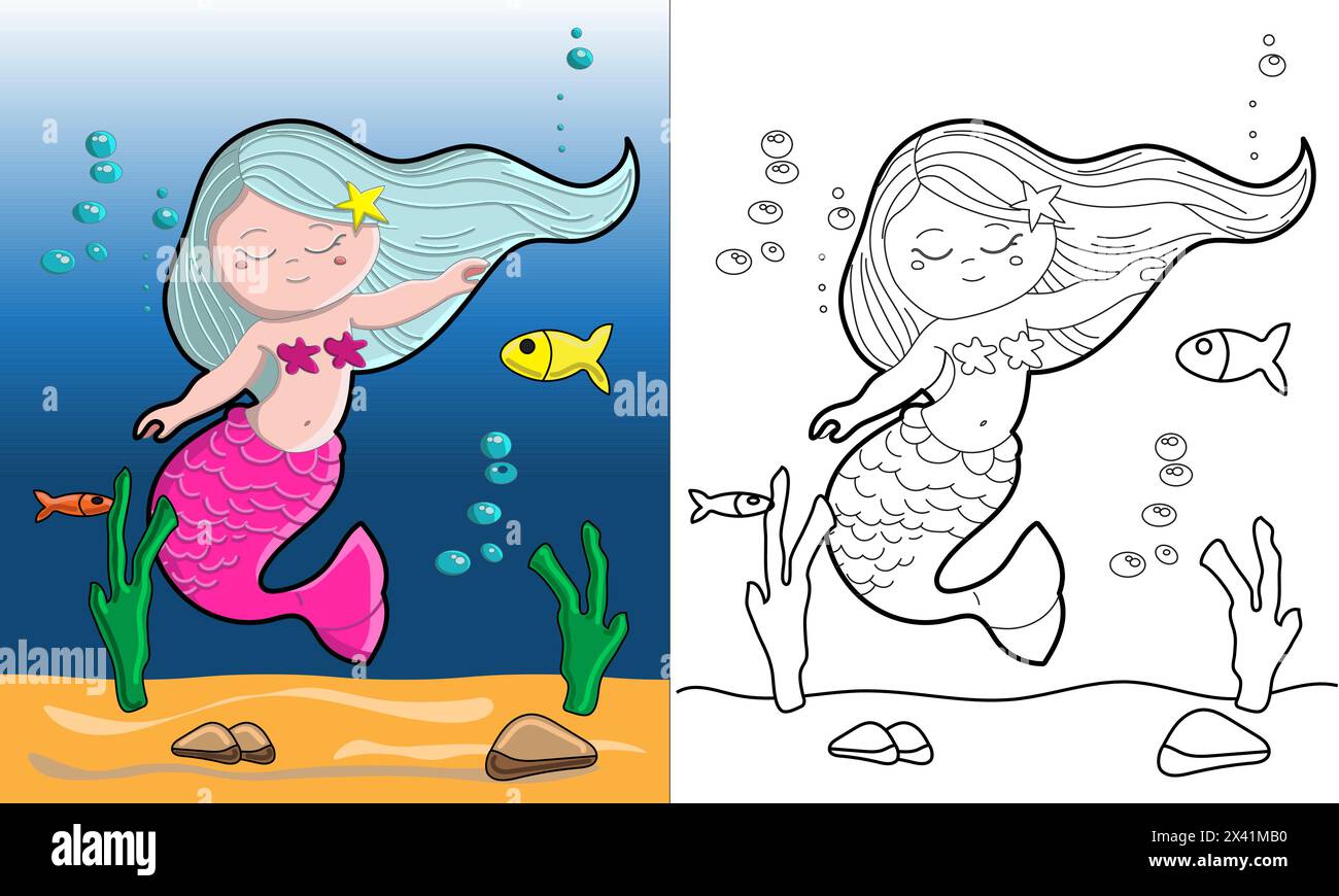 Cartoon mermaid colouring page both outlined and coloured in versions ...