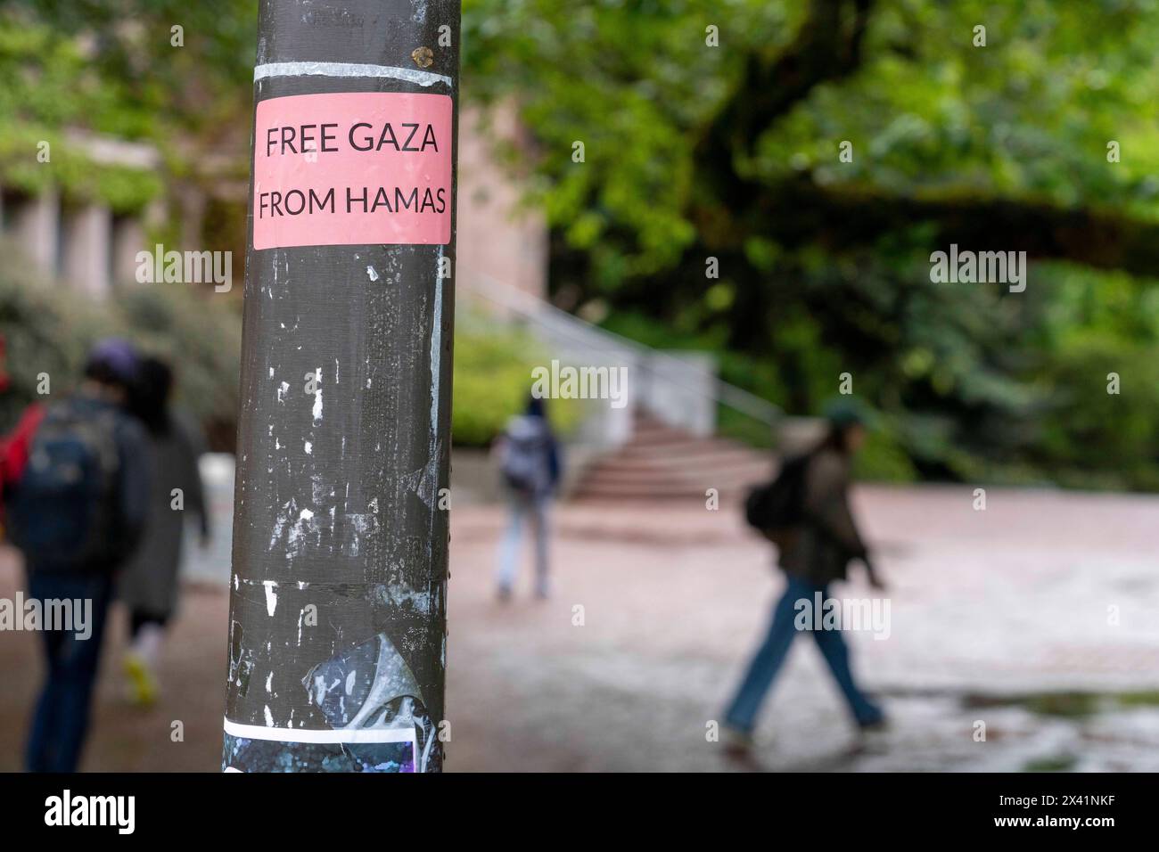 Seattle, USA. April 29, 2024, Seattle, Washington, USA: A sticker reads ...