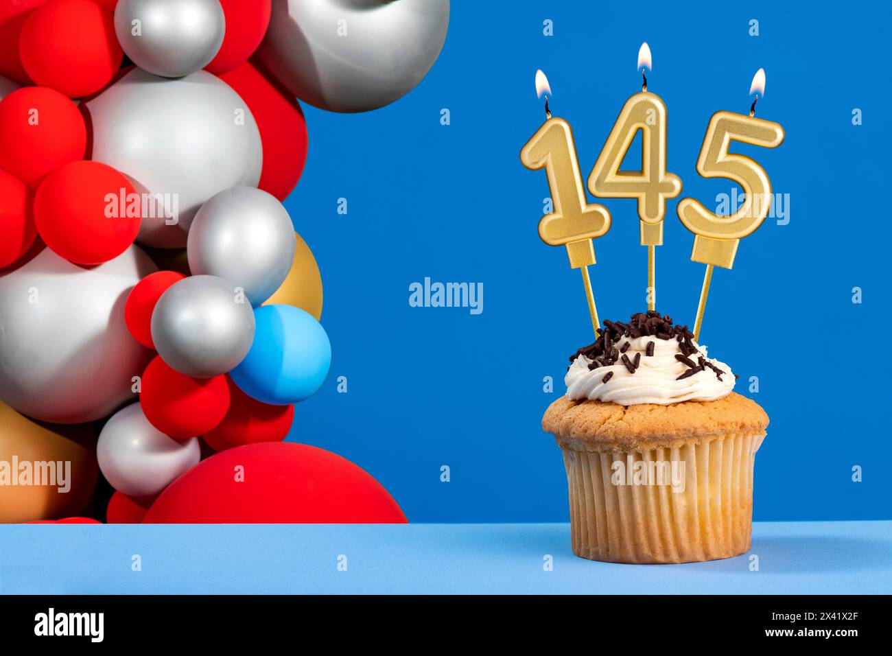 Number 145 birthday candle - Anniversary card with balloons Stock Photo ...