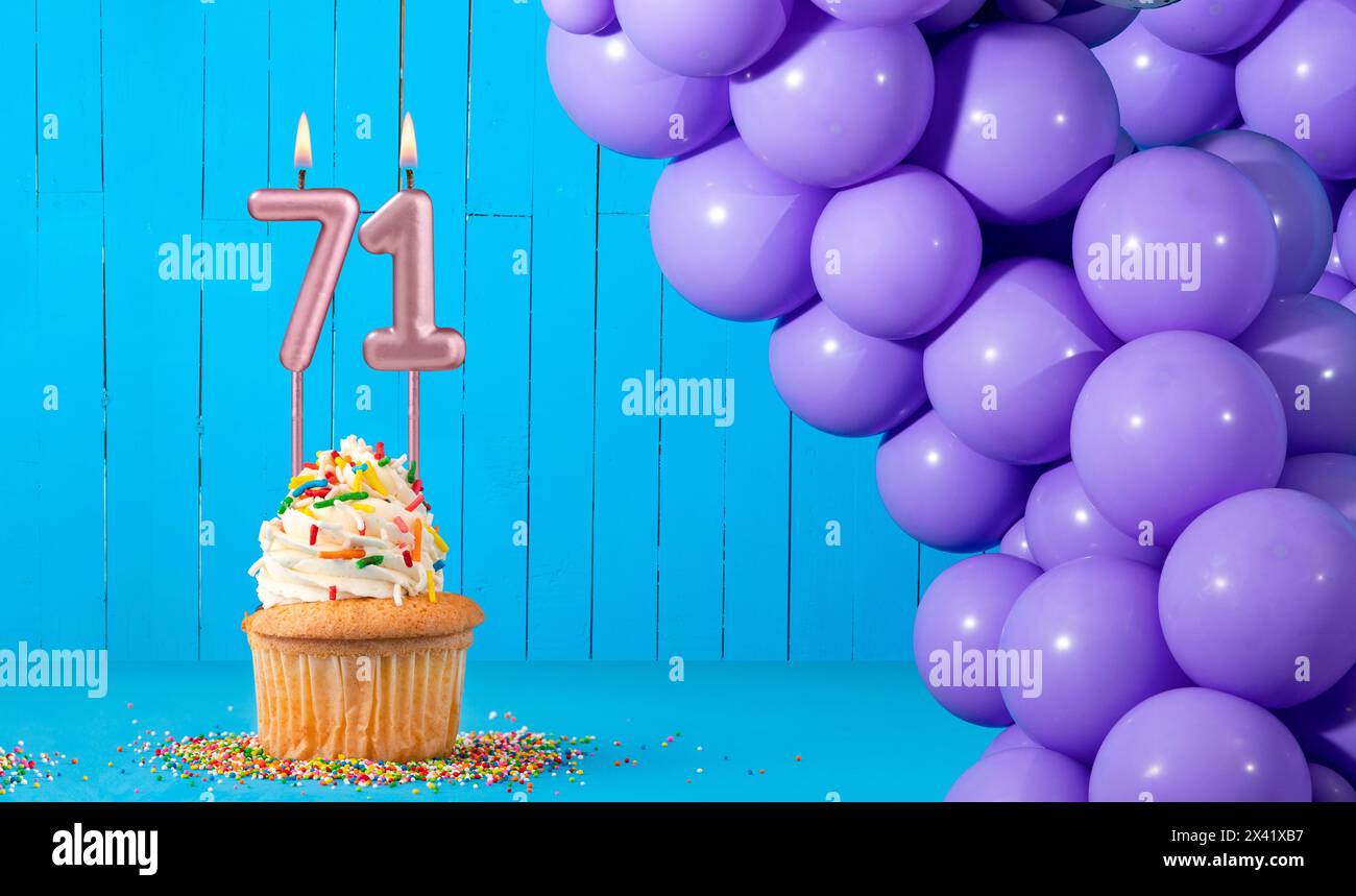 Birthday card with number 71 candle, cupcake and balloons Stock Photo ...