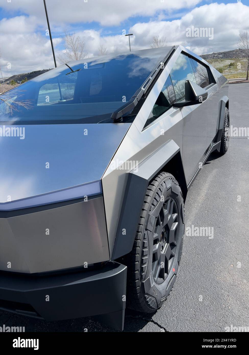Front View of Tesla Cybertruck Parked Under Open Skies Stock Photo - Alamy