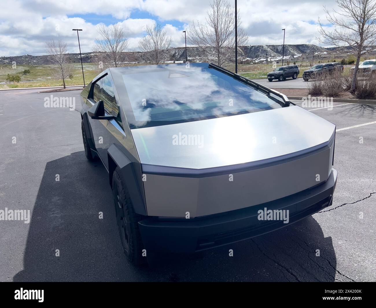 Front View of Tesla Cybertruck Parked Under Open Skies Stock Photo - Alamy