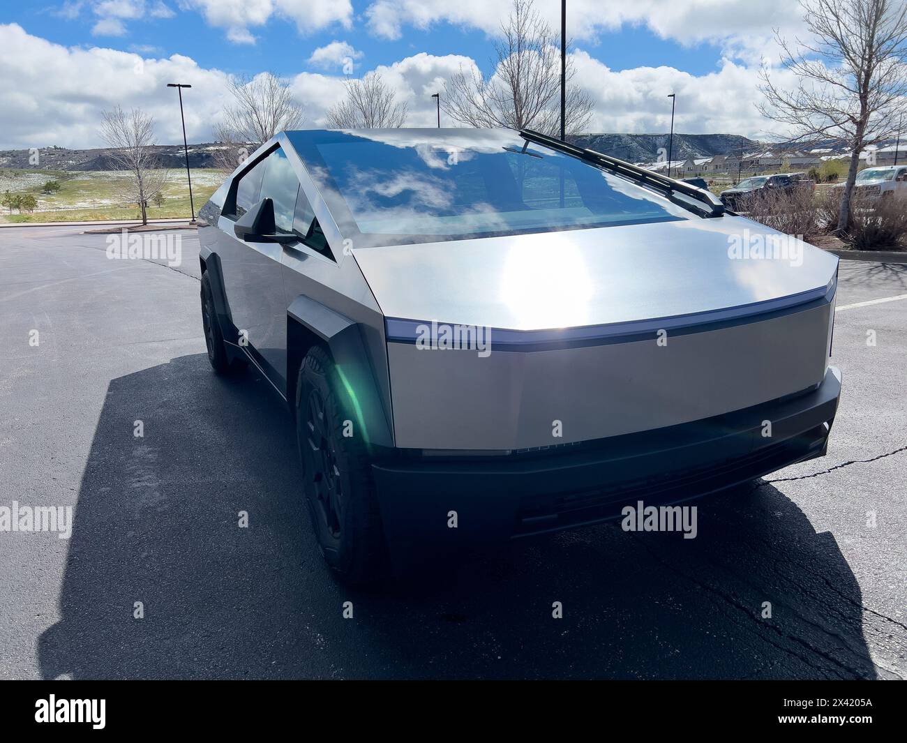 Front View of Tesla Cybertruck Parked Under Open Skies Stock Photo - Alamy