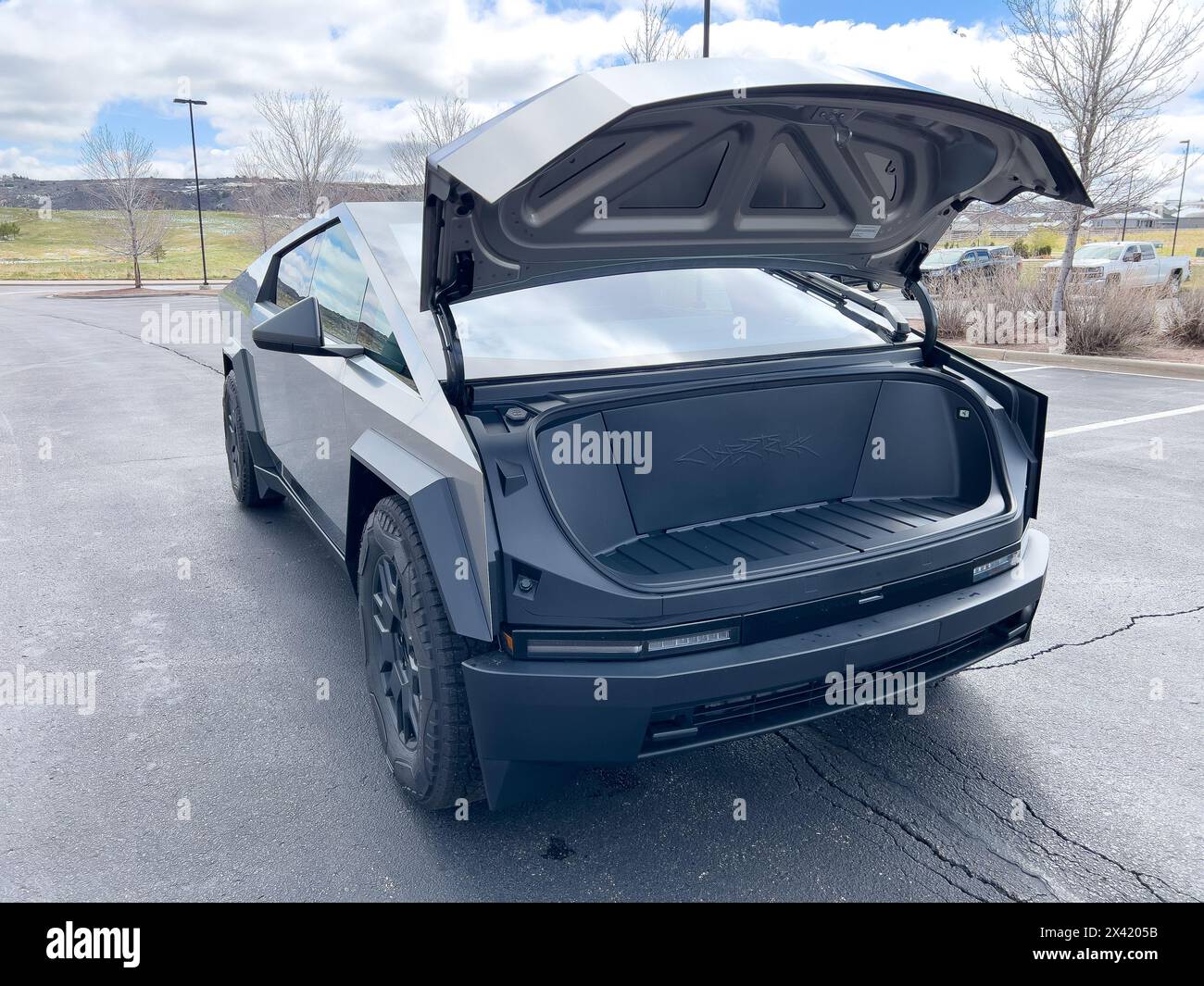 Front View of Tesla Cybertruck Parked Under Open Skies Stock Photo - Alamy