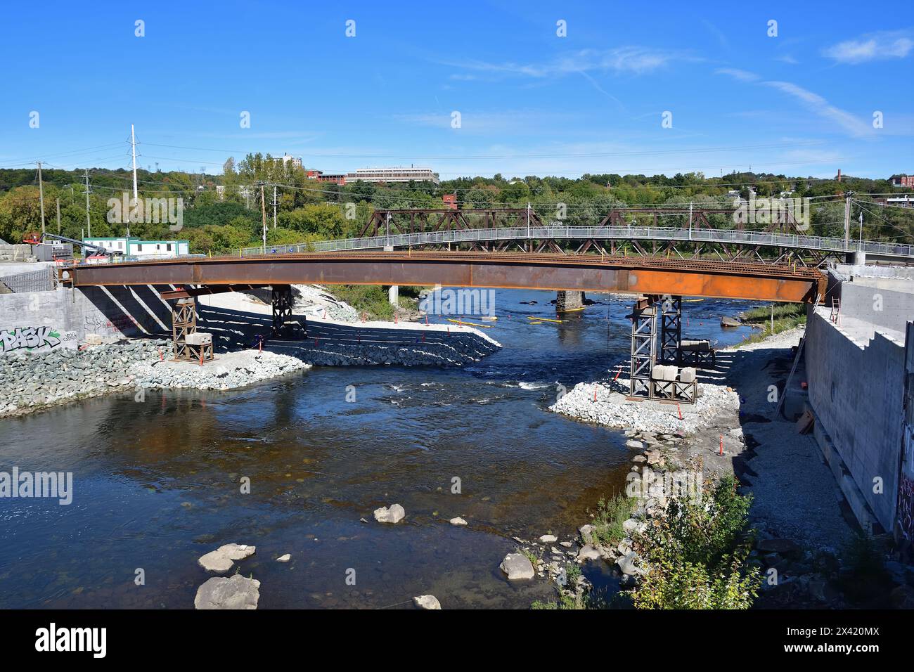 SHERBROOKE, QUEBEC, CANADA - September 17, 2022 Bridge construction over Magog river. Pont des ...