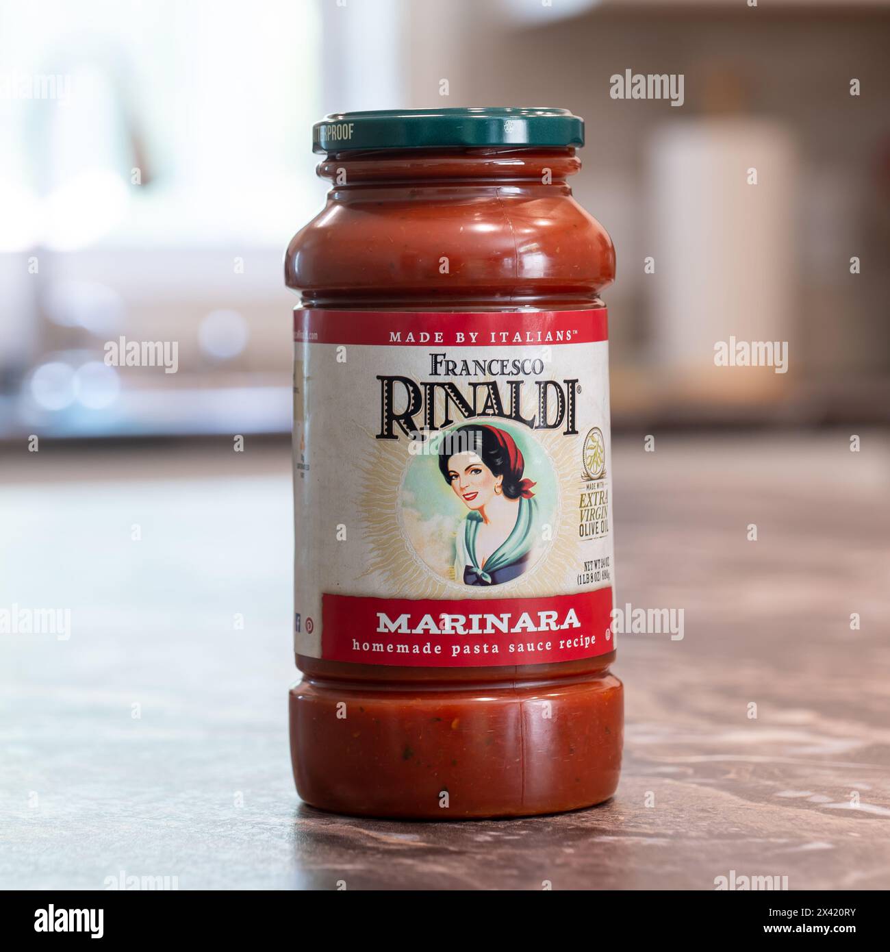 NISSWA, MN - 2 AUG 2021: Jar of Rinaldi marinara homemade pasta sauce ...
