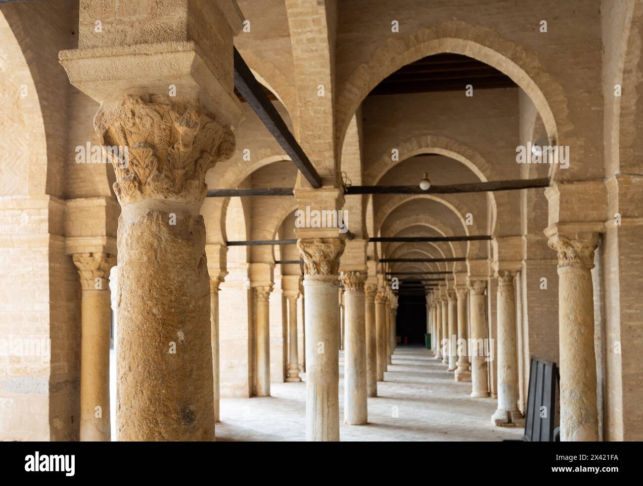 Corridor with arched colonnade in Mosque of Uqba in Kairouan Stock ...