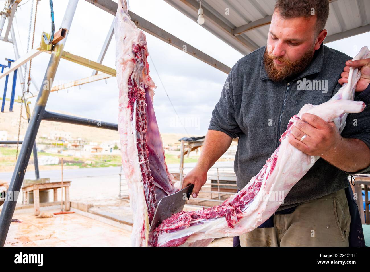 The butcher is cutting meat outdoors, holding his knife, and smiling ...