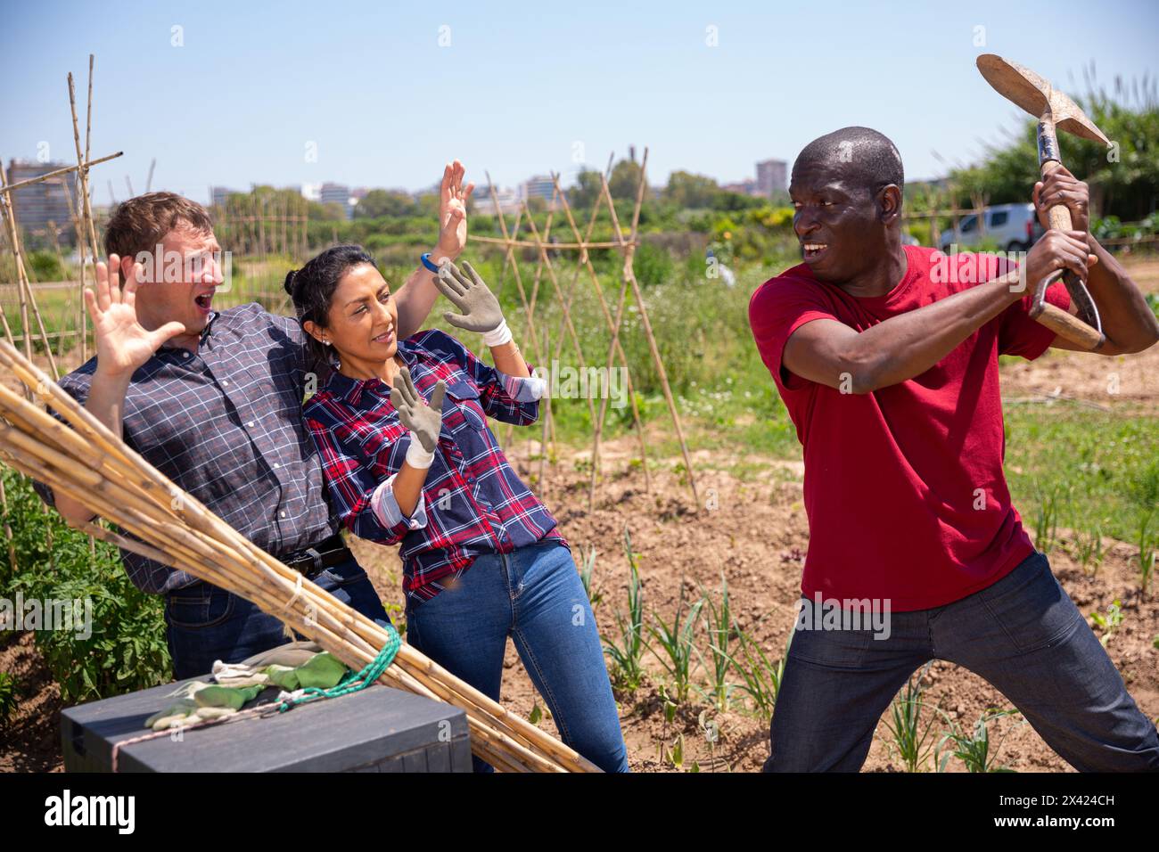 Angry neighbors quarrel on the border of garden Stock Photo - Alamy
