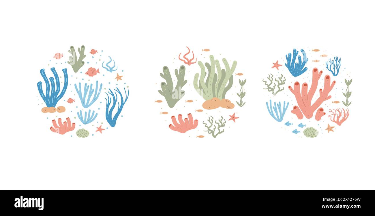 Coral reef round compositions set isolated on white background. Sea ...