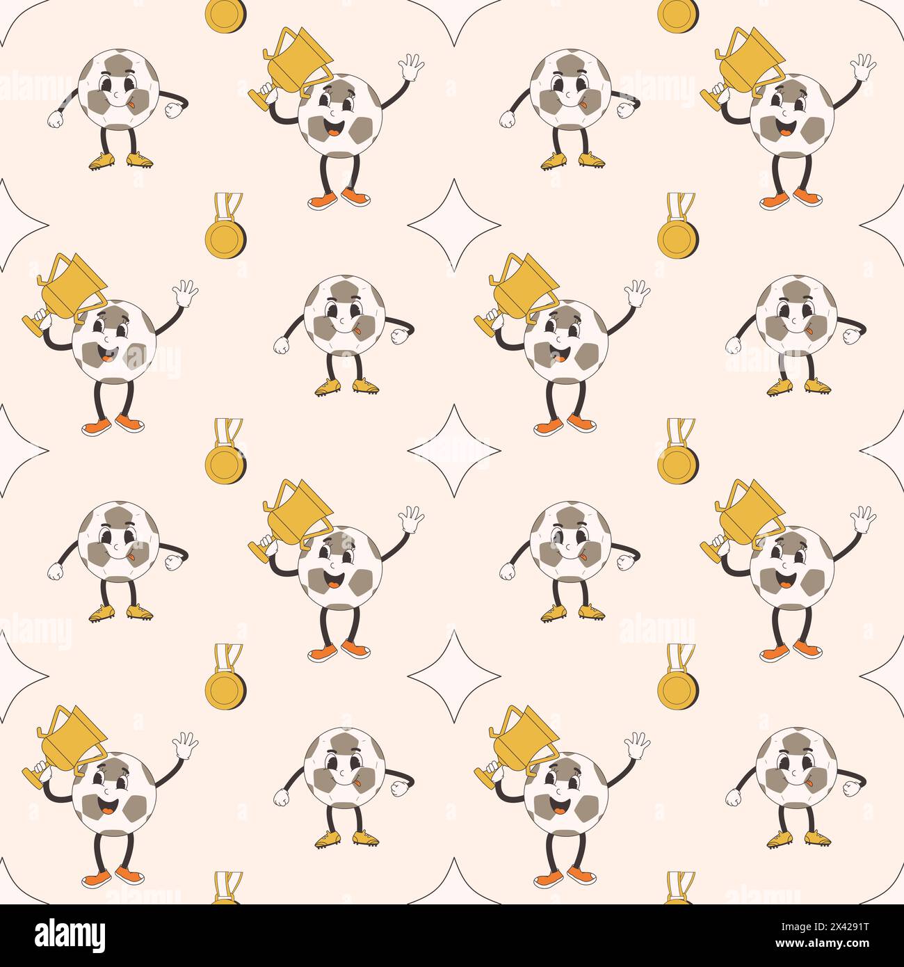 Football character seamless pattern. Soccer ball retro cartoon endless ...