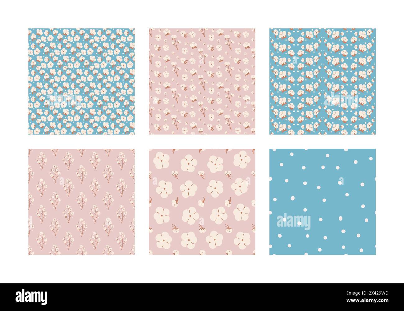 Cotton flowers seamless patterns collection. Branches and ripe cotton ...
