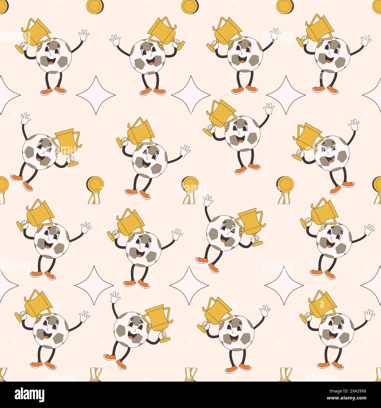 Soccer ball with cup seamless pattern. Football retro cartoon endless ...