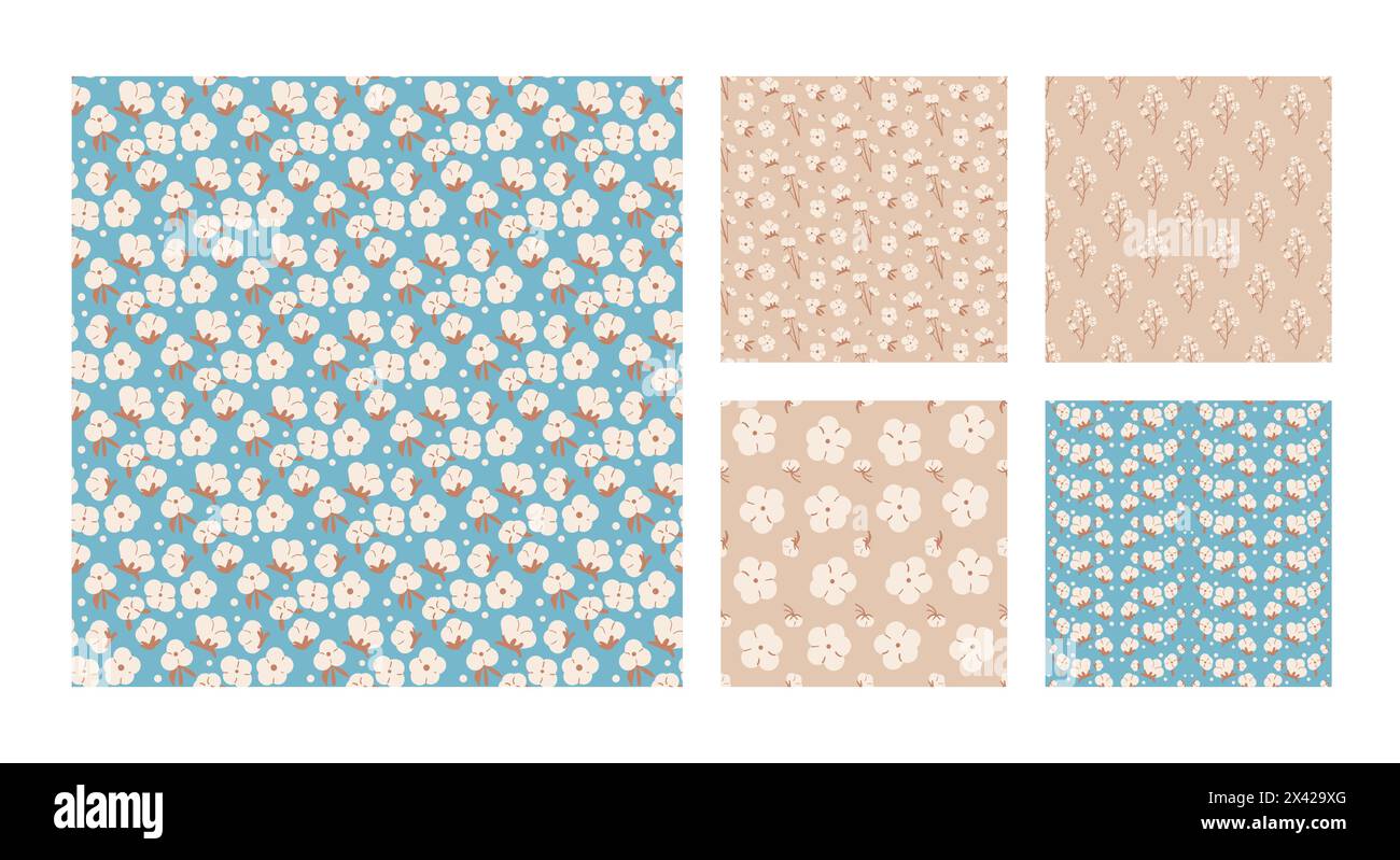 Seamless patterns collection of cotton plant flowers. Branches and ripe ...