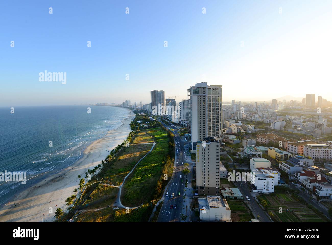 Aerial view of the beach and beachfront skyline in Da Nang, Vietnam ...