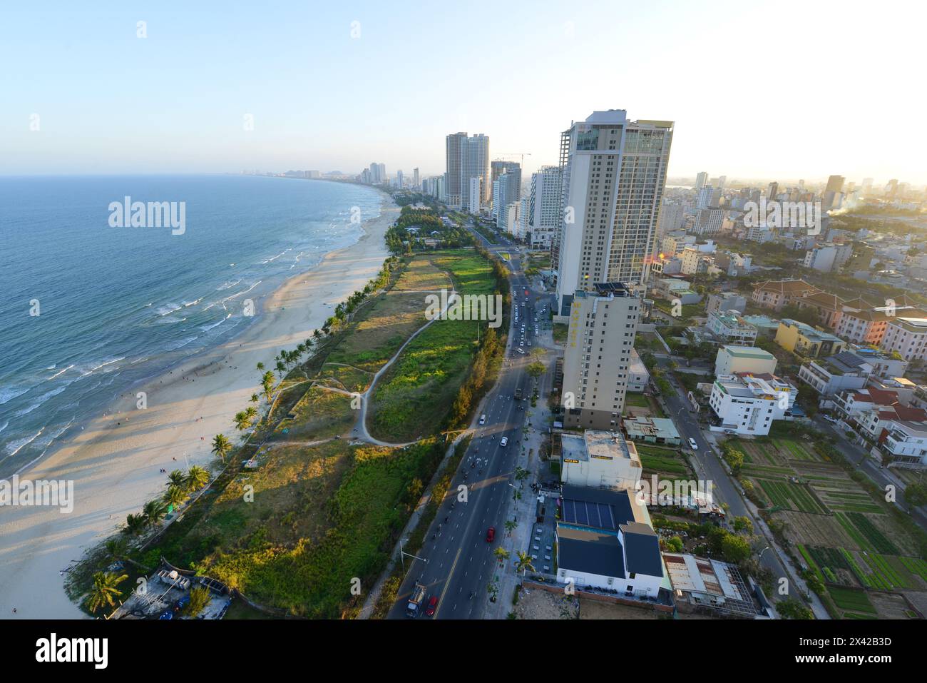 Aerial view of the beach and beachfront skyline in Da Nang, Vietnam ...