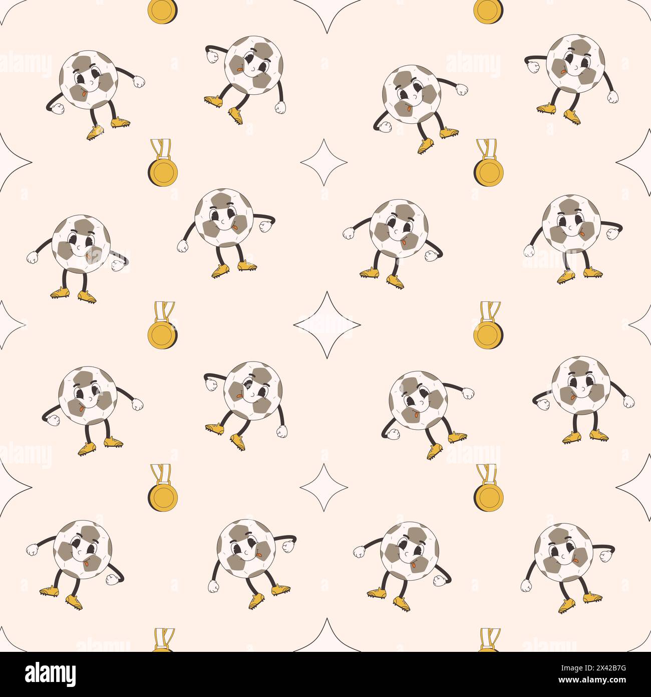 Soccer ball character seamless pattern. Football retro cartoon endless ...