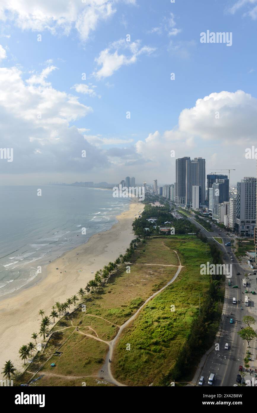 Aerial view of the beach and beachfront skyline in Da Nang, Vietnam ...