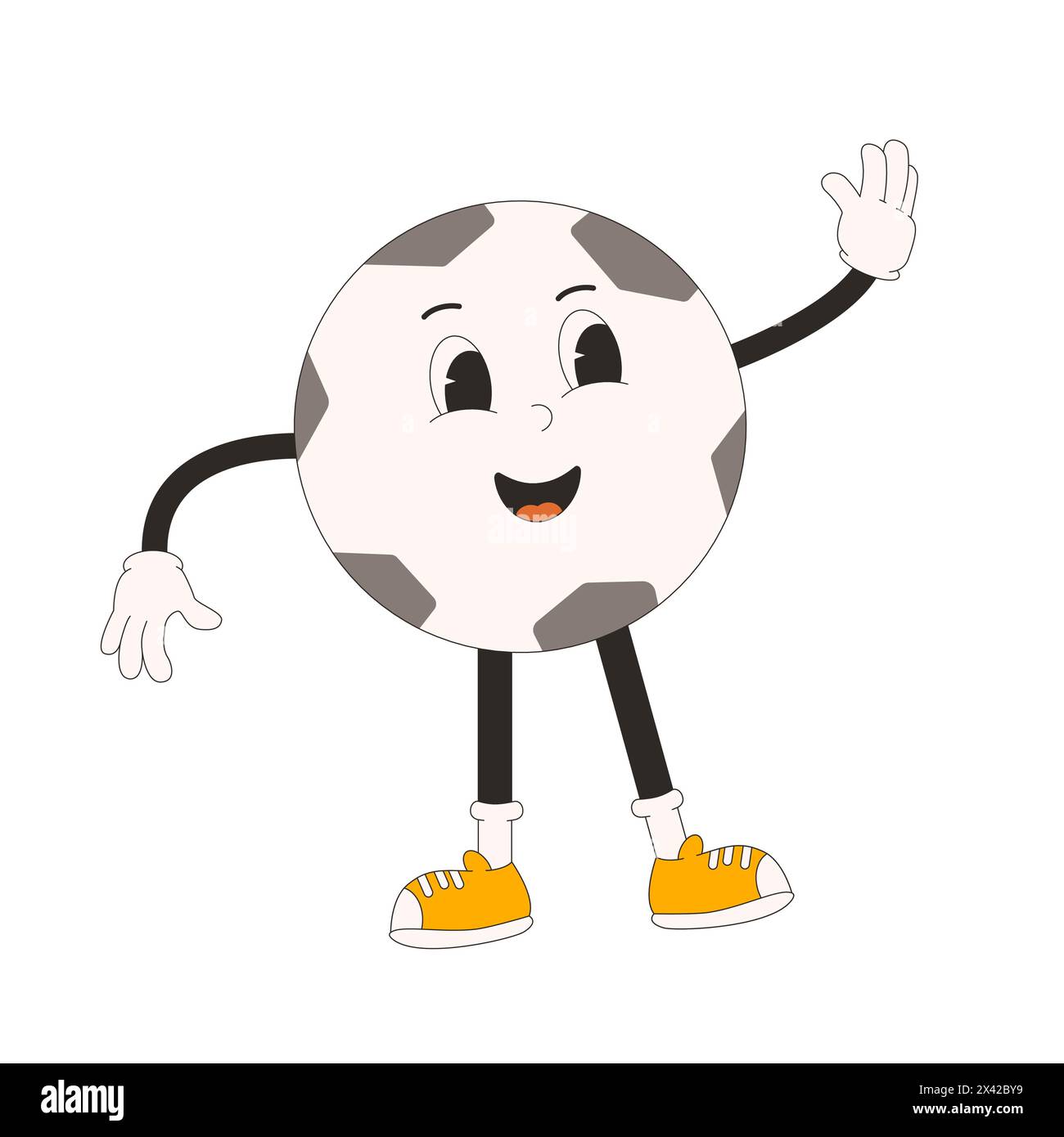 Football ball groovy character waving with hand. Soccer retro mascot ...