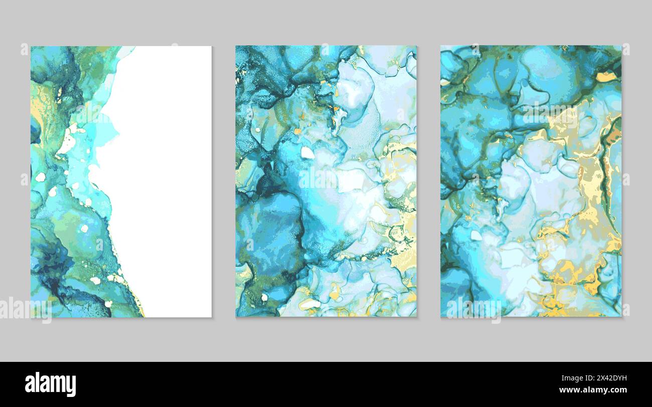 Blue, green, gold marble abstract backgrounds. Set of alcohol ink ...