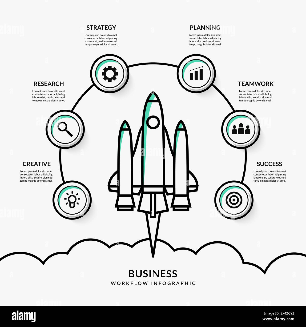 Business start up infographic with multiple options, Outline rocket ...