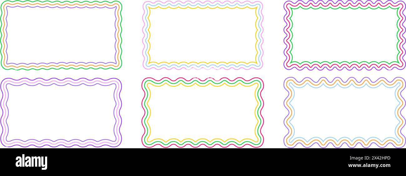 Set of colorful rectangle frames with wiggly edges. Rectangular shapes with wavy borders. Mirror ...