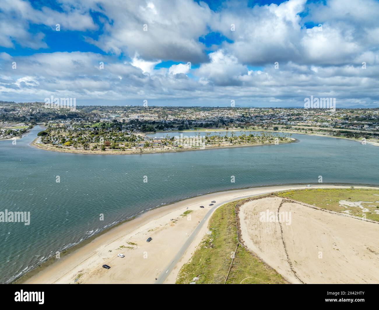 Aerial view of Fiesta Island nature reserve in the heart of San Diego ...