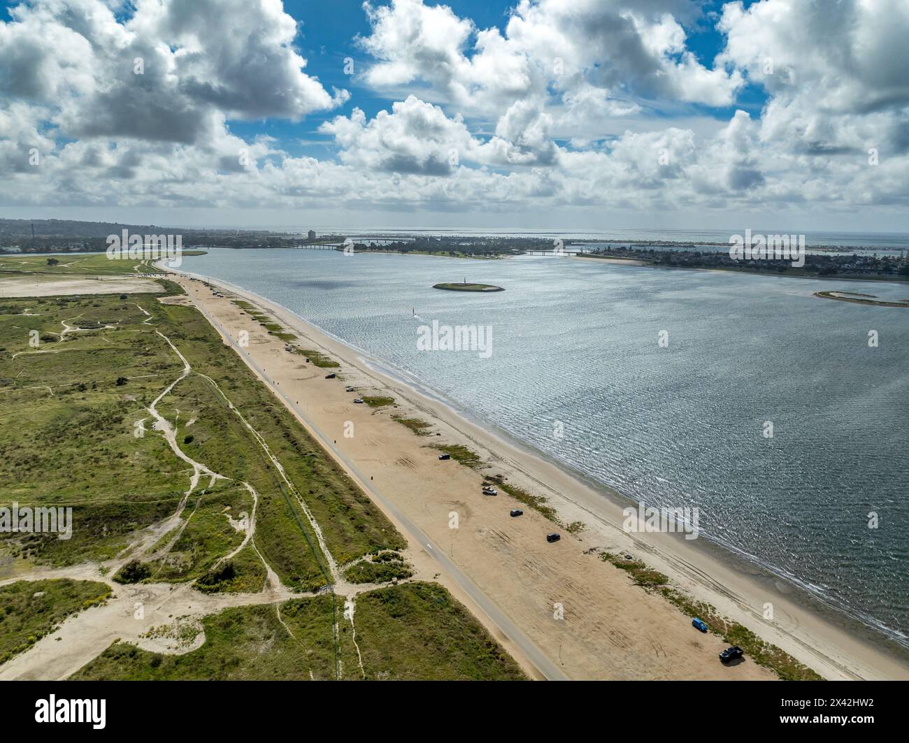 Aerial view of Fiesta Island nature reserve in the heart of San Diego ...