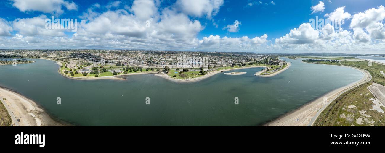 Aerial view of Fiesta Island nature reserve in the heart of San Diego ...