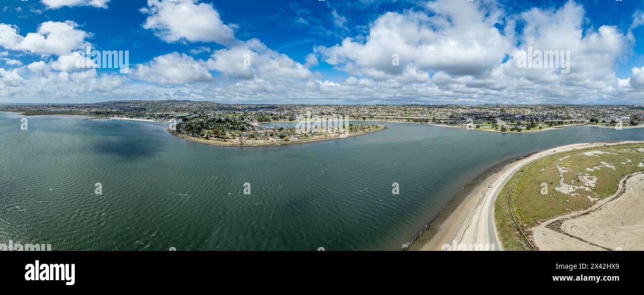 Aerial view of Fiesta Island nature reserve in the heart of San Diego ...