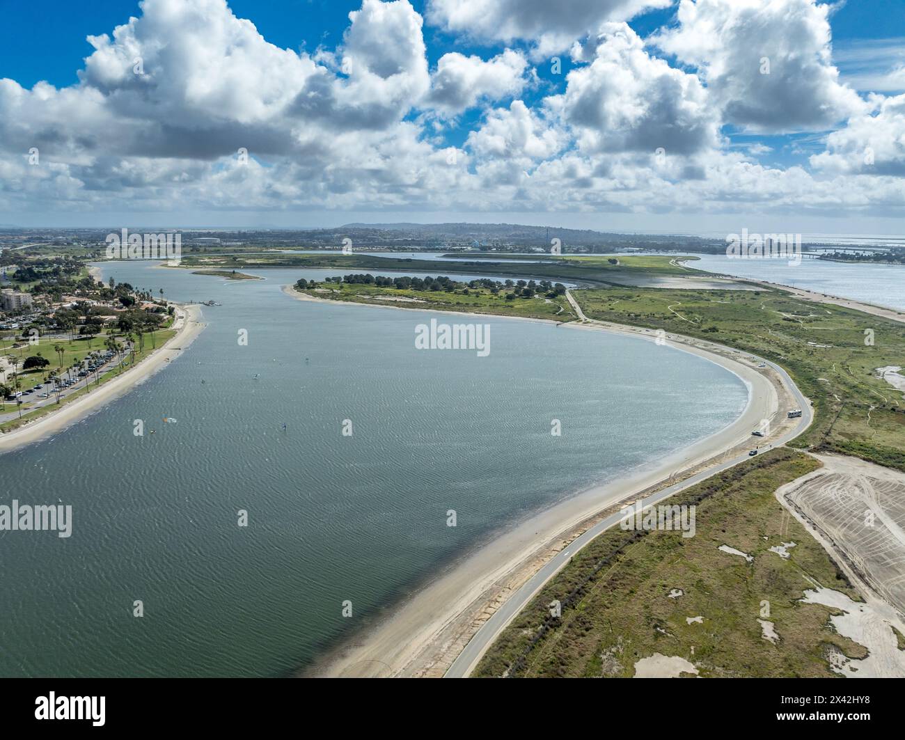 Aerial view of Fiesta Island nature reserve in the heart of San Diego ...