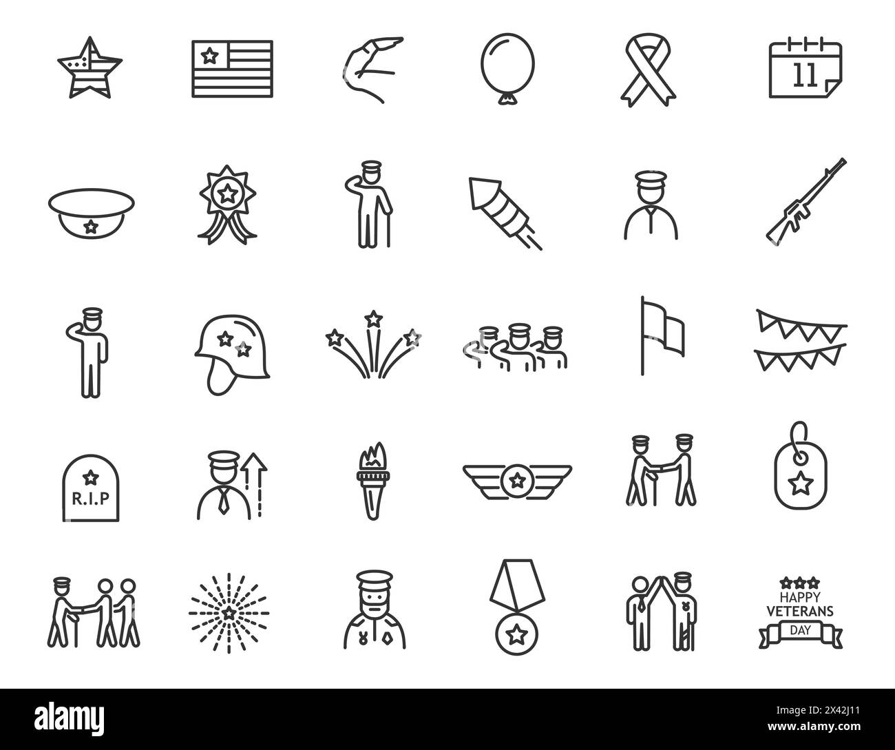 Set of linear Veterans Day icons. Military icons in simple design ...
