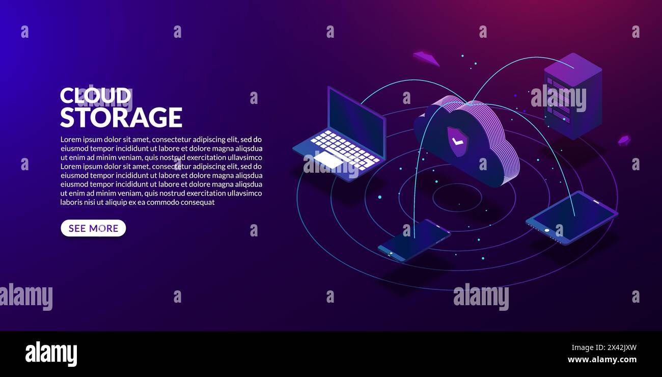 Cloud Storage Technology On Dark Background Isometric Cloud Computing Concept Stock Vector