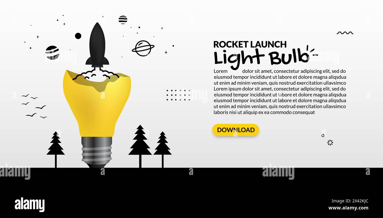 Spaceship launching out from light bulb on white background, business ...