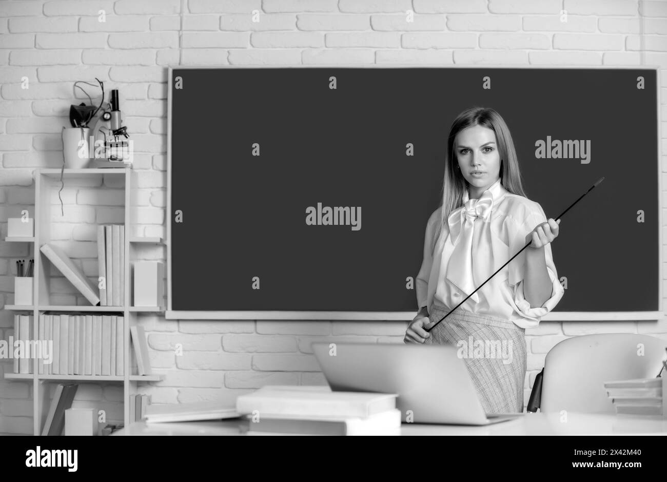 Young blonde teacher pointing on lesson. Cute young woman with pointer ...