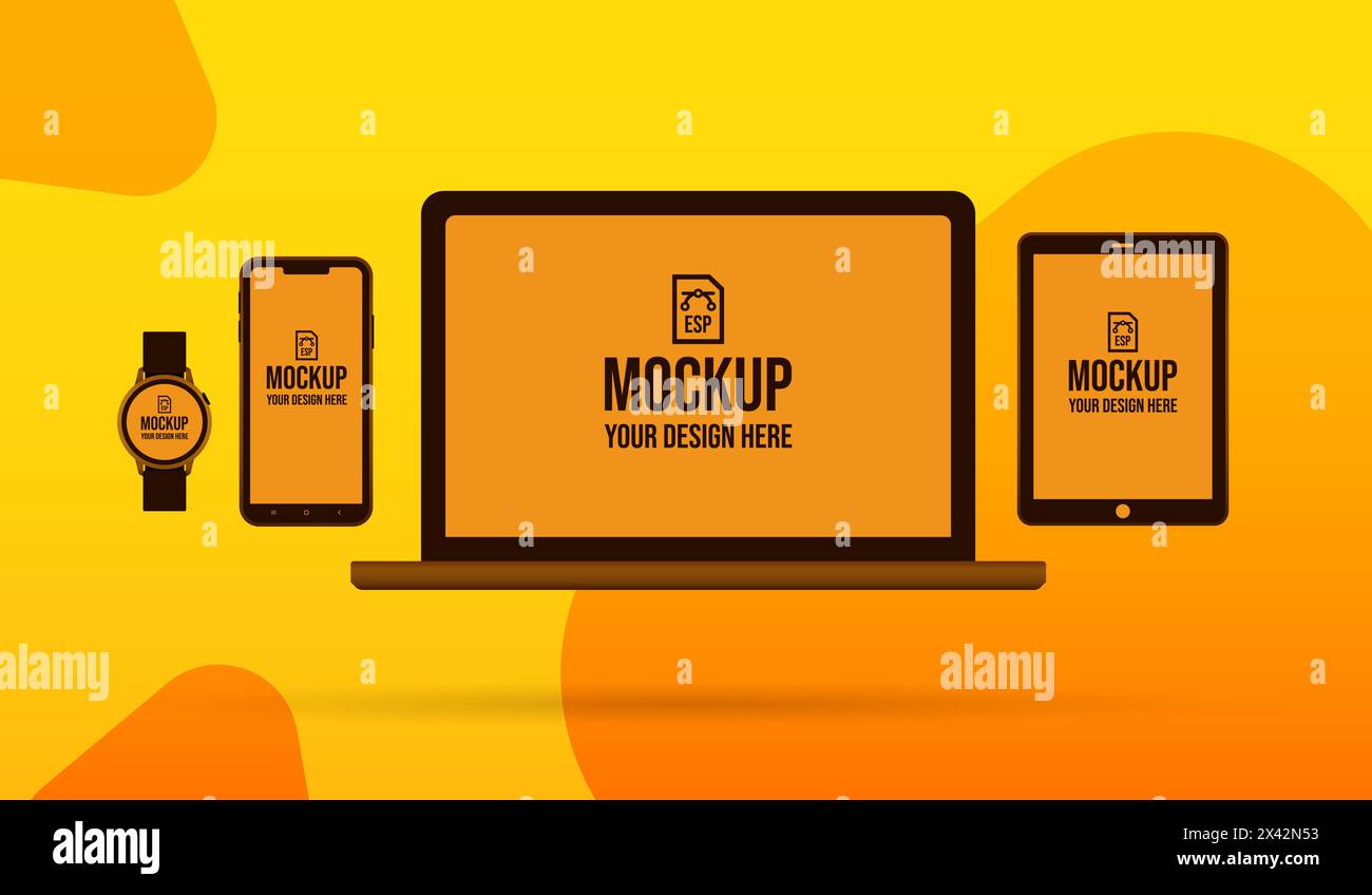 Floating devices mockup with blank screen on yellow background Stock ...