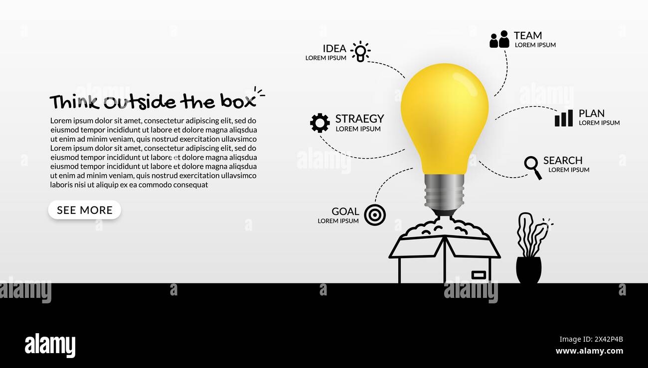 Think outside the box concept, light bulb launching to space on white ...