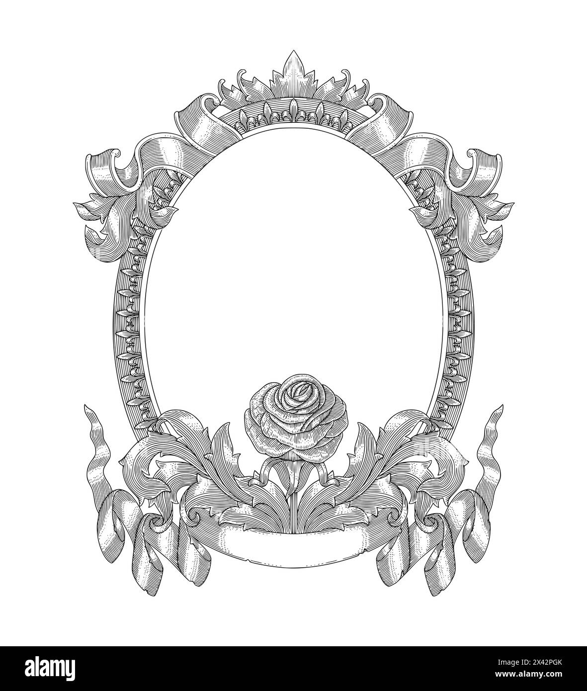 antique rose frame with floral ornament and banner, Vintage engraving ...