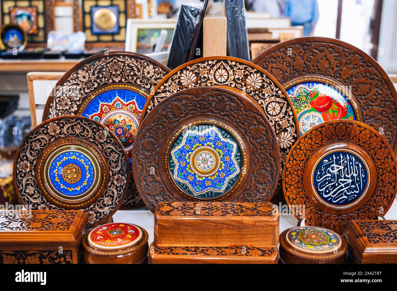 handmade Uzbek wooden gift plates and caskets with wood carvings in the ...
