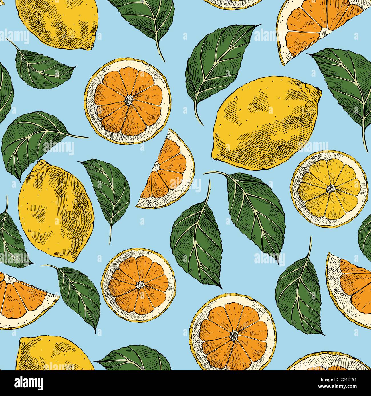 Lemons hand drawn retro vector seamless pattern. Citrus slices fruits engraving style color ...