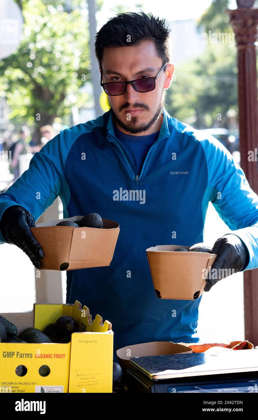 A shop assistant stacks boxes organic avocados at the South Melbourne ...